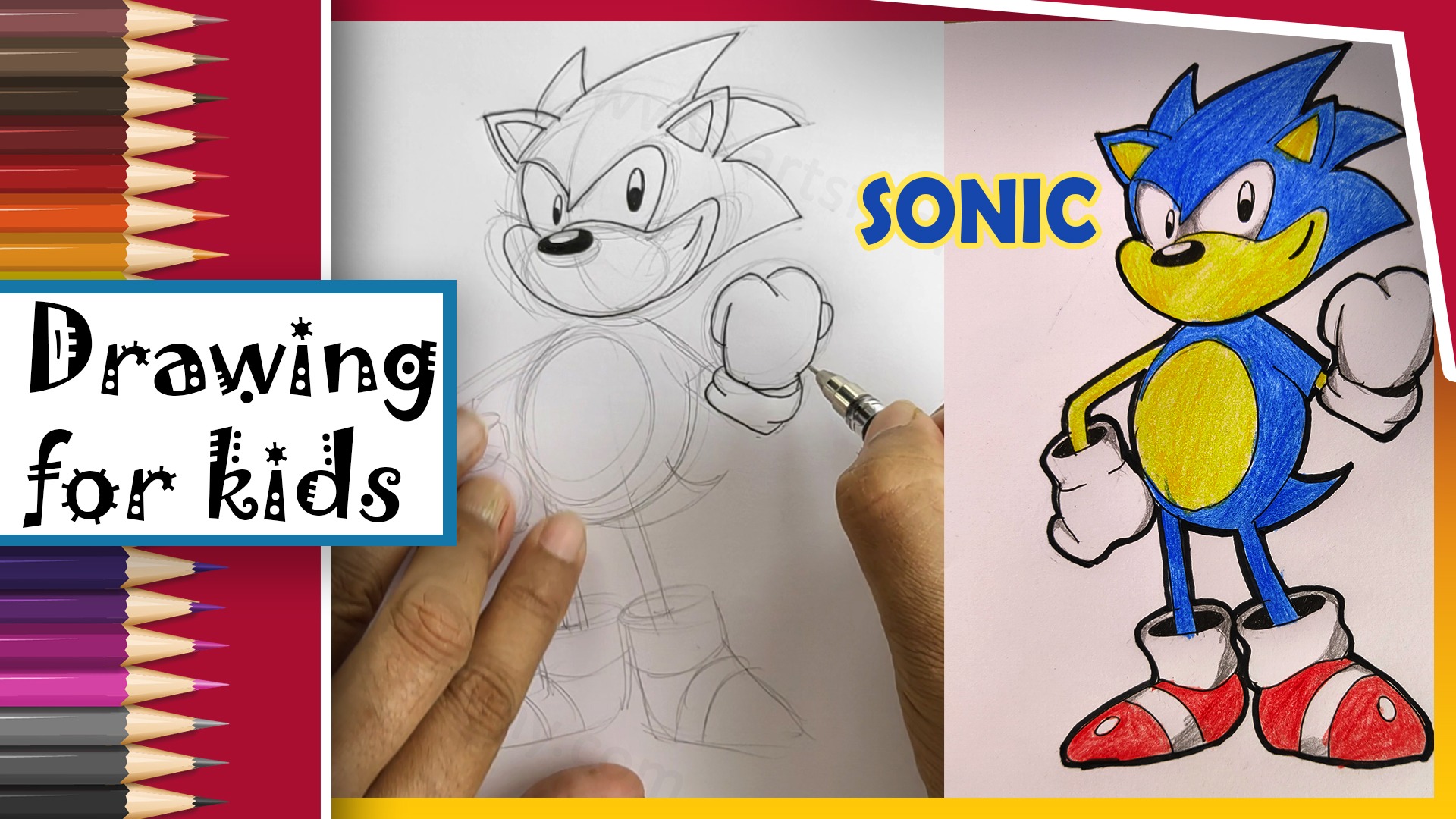 Sonic Drawing easy step by step learn how to draw sonic for kids | Cartoon drawing - Arts Film ...